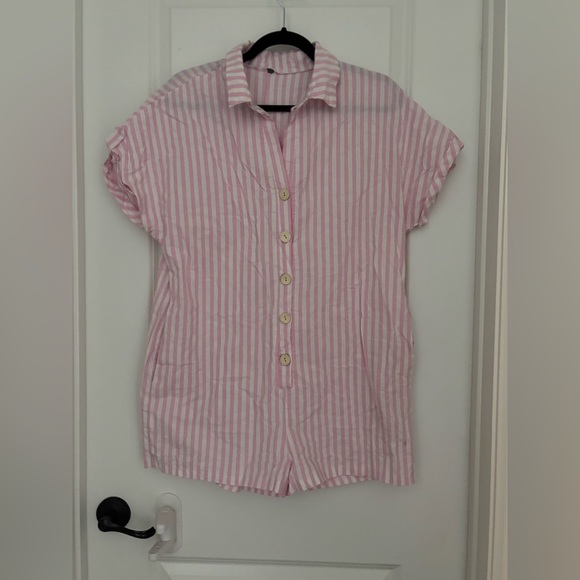 Pants & Jumpsuits | Pink Striped Buttonup Romper | Poshmark